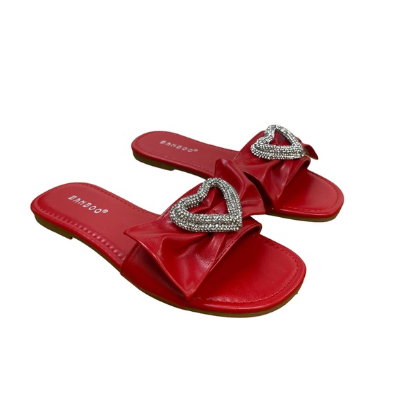 Shoes | Womens Red Flats Sandal Slides With Rhinestone Heart Bow ...